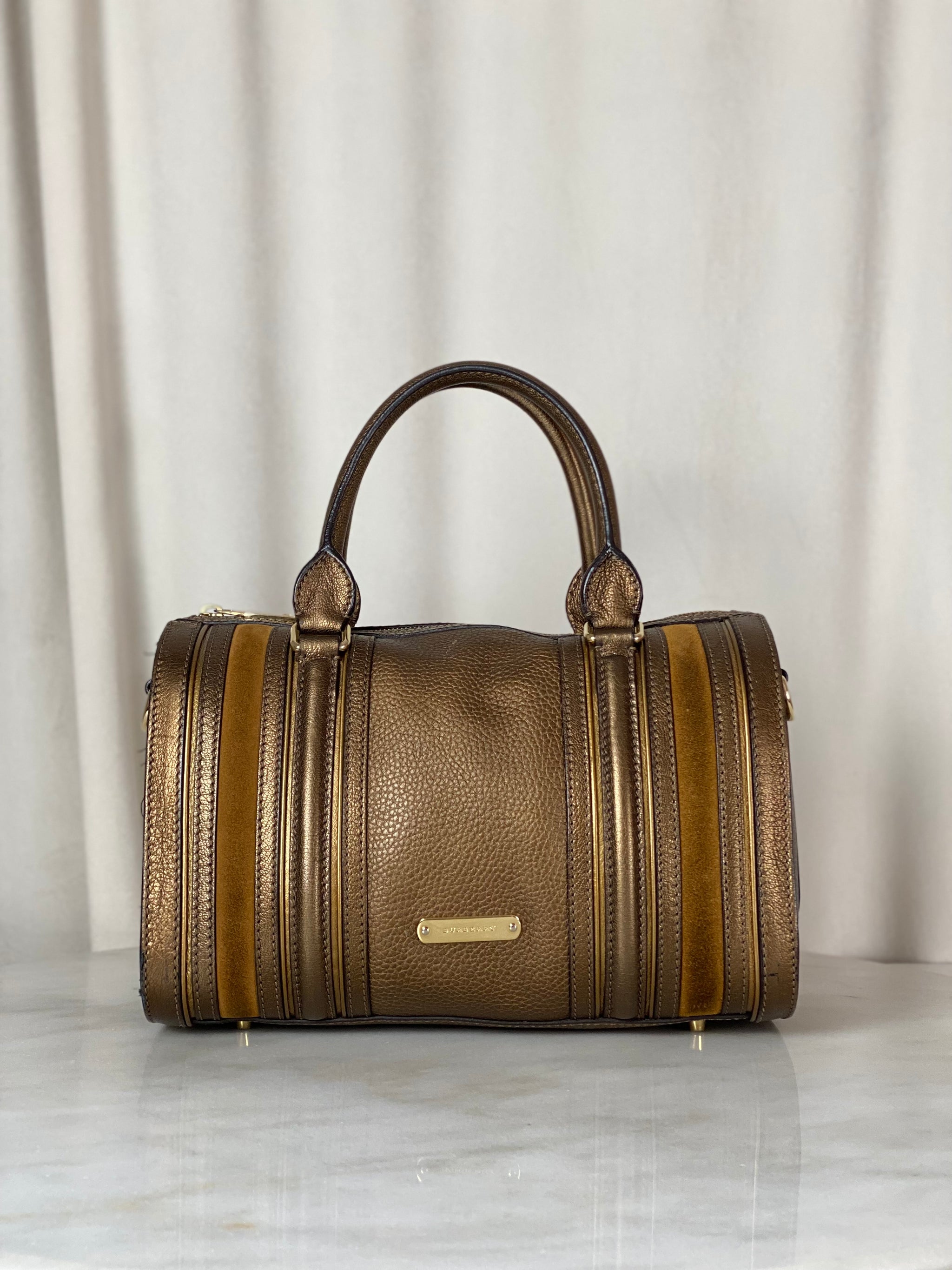 Burberry Metallic Camel Bowling Alchester Boston Medium Bag